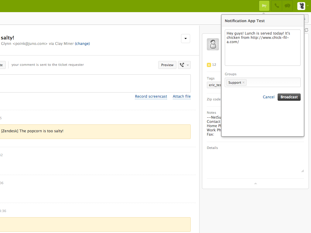 Notification App App Integration with Zendesk Support